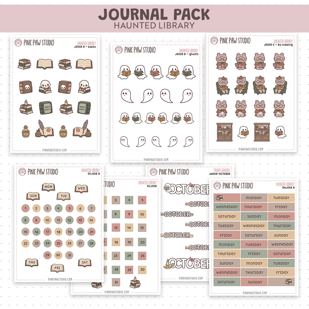 Journal stickers pack - Haunted Library – Pink Paw Studio